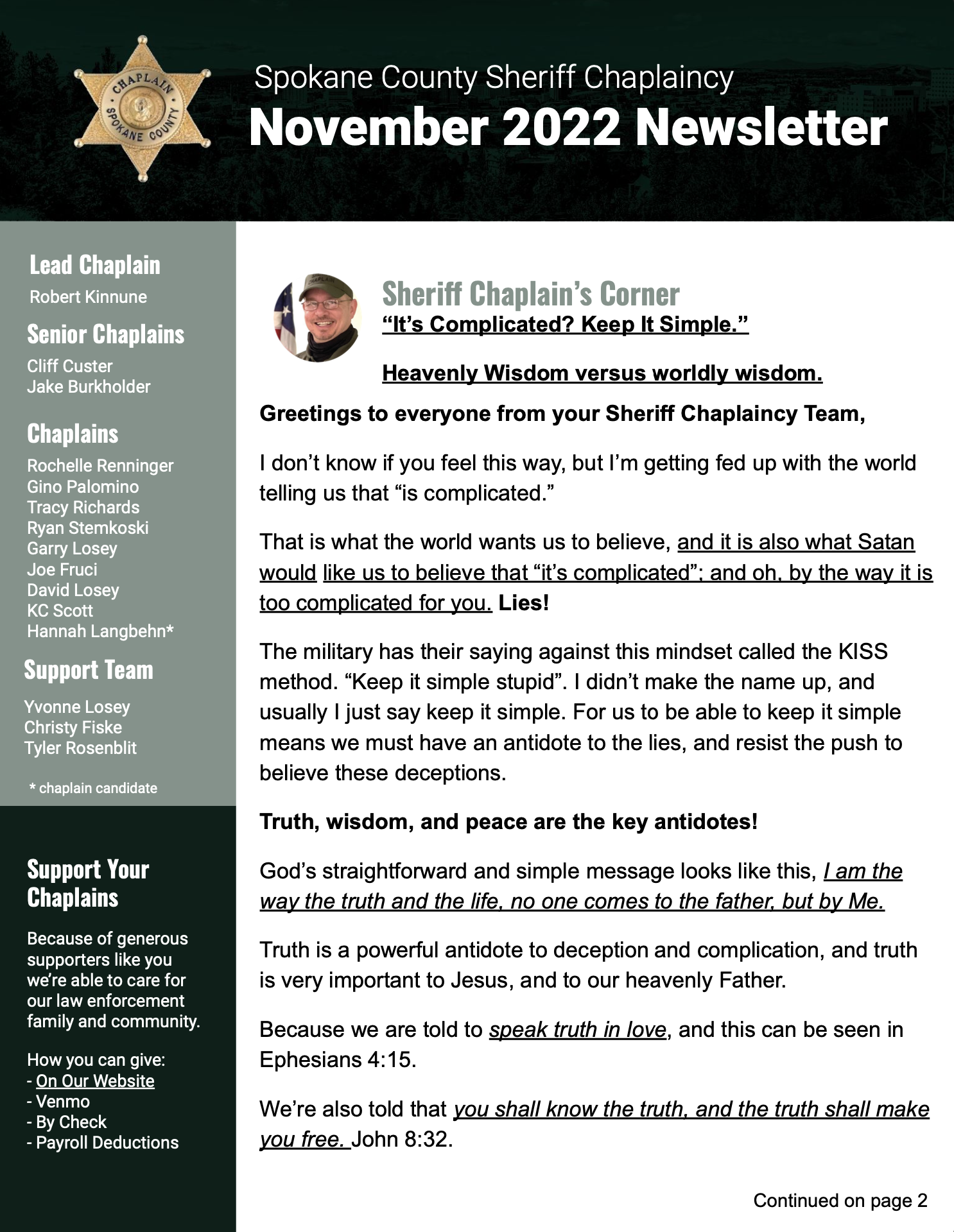 November 2022 - Chaplain Newsletter - Spokane County Sheriff Chaplains