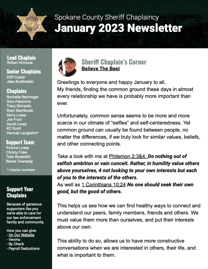 January 2023 - Chaplain Newsletter - Spokane County Sheriff Chaplains