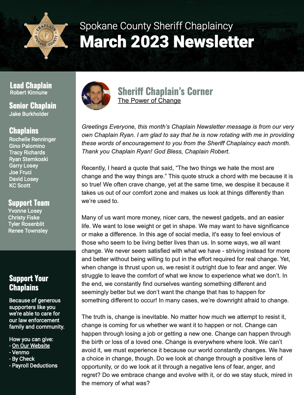 March 2023 - Chaplain Newsletter - Spokane County Sheriff Chaplains