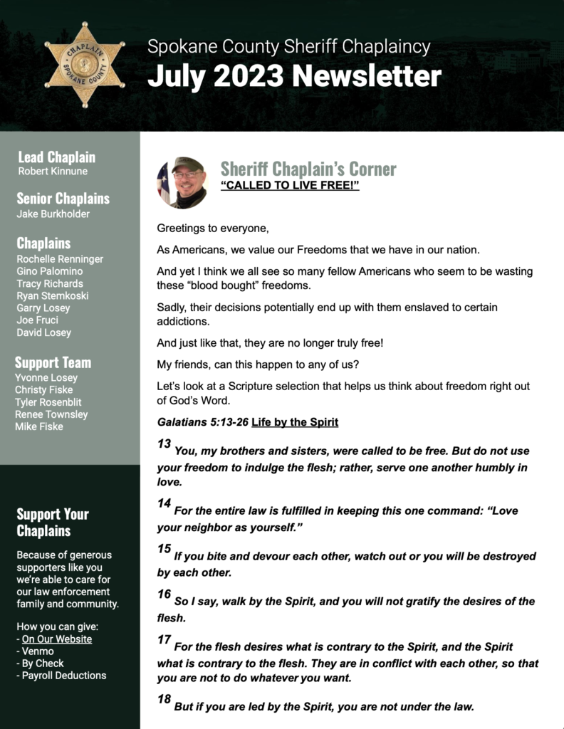July 2023 - Chaplain Newsletter - Spokane County Sheriff Chaplains
